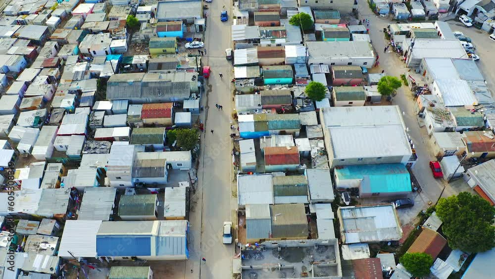 Township houses, poverty and informal settlement or community with ...