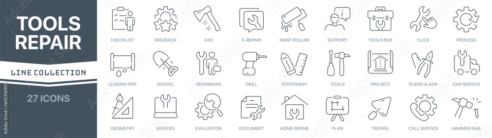 Tools and repair linear signed icon collection. Signed thin line icons ...