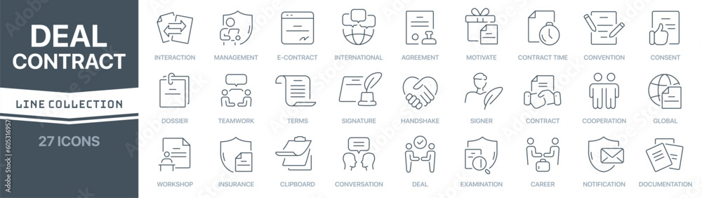 Deal and contract linear signed icon collection. Signed thin line icons ...