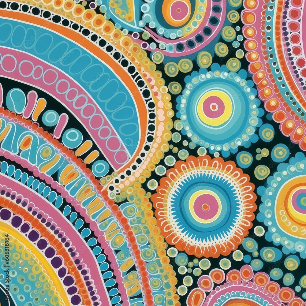 Abstract theme of Australian Indigenous Aboriginal art. Vivid pastel colours. Cultural ...