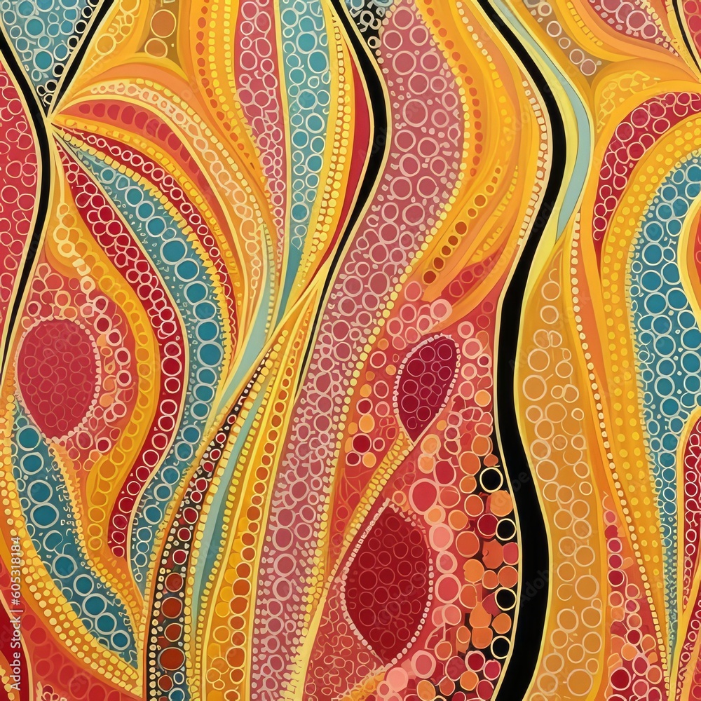 Abstract theme of Australian Indigenous Aboriginal art. Vivid pastel colours. Cultural ...