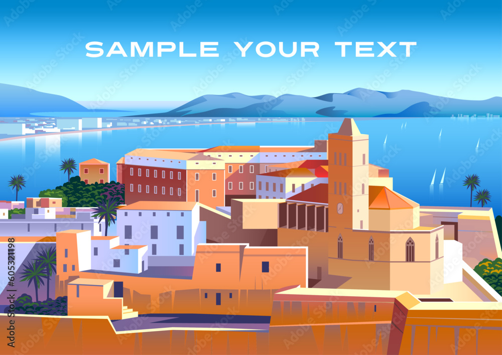 Mediterranean romantic landscape with village in the first plan, sea ...