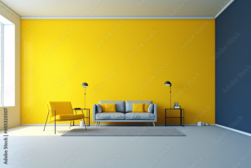 Modern Living Room Interior With Vibrant Orange Blue and Yellow Wall ...