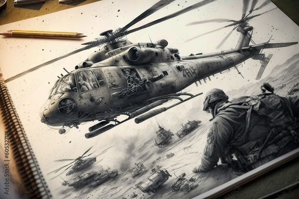 pencil drawing of military helicopter with guns and missiles visible ...