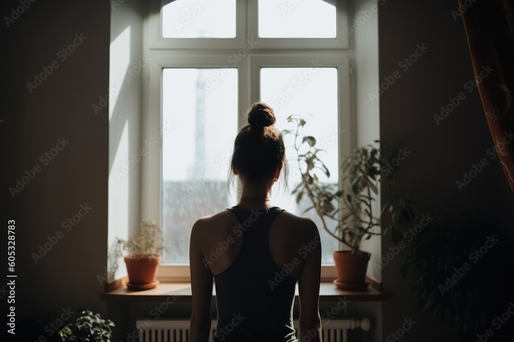 Woman doing sun salutation at home back view, created with Generative ...