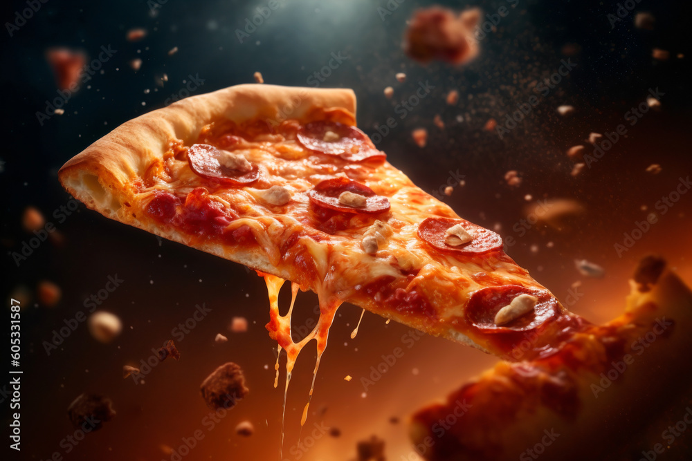 Pizza slice flying in the space concept. Pepperoni salami galaxy pizza ...