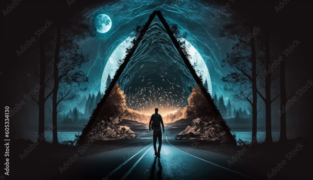 Triangular fire portal, gate on the way to another dimension. Journey ...