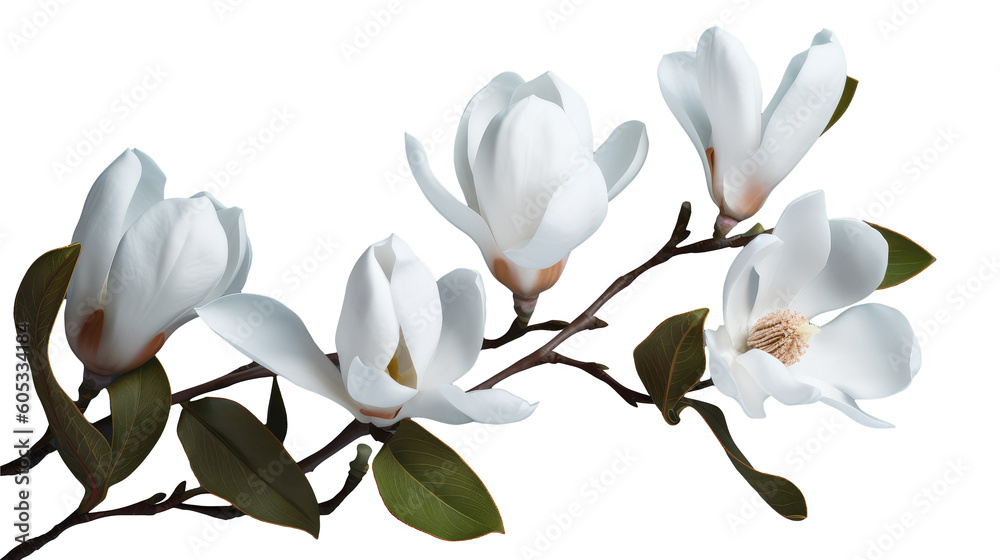 Magnolia white bloom in spring. Branches with Large grandiflora flowers ...