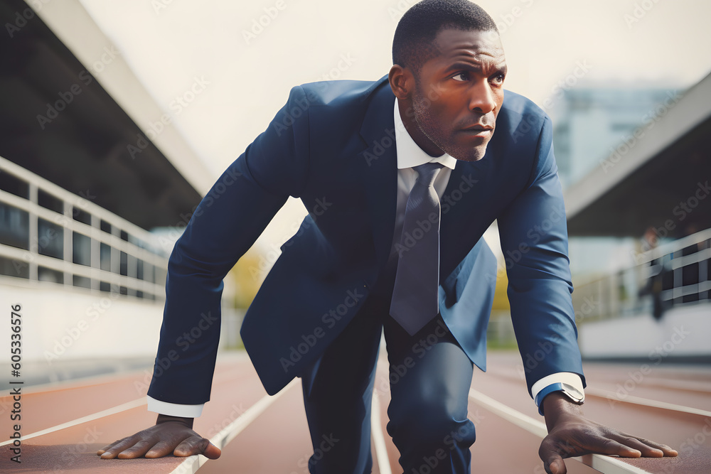 Photo & Art Print Businessman black man running on the treadmill of a ...