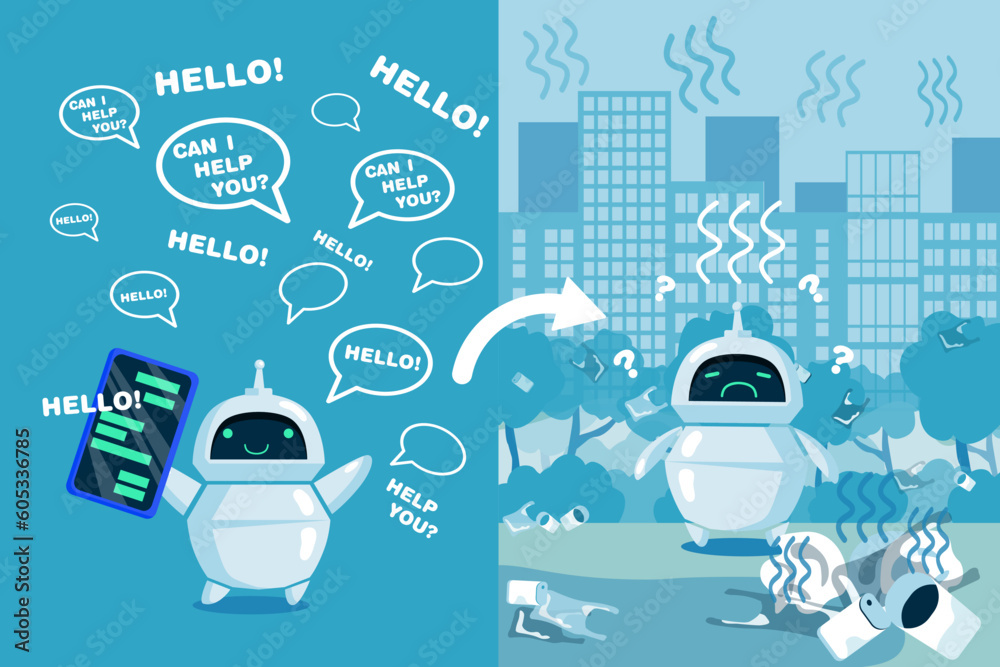 Environmental impact of using AI chatbots vector illustration. Drawing ...
