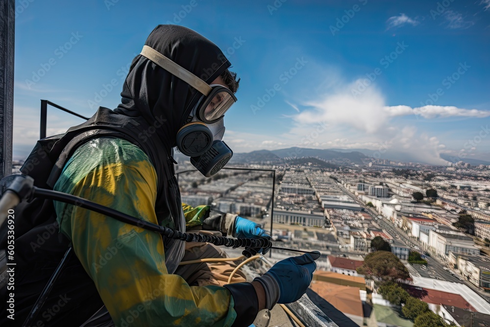 graffiti sprayer artist working on mural in public space, with view of ...