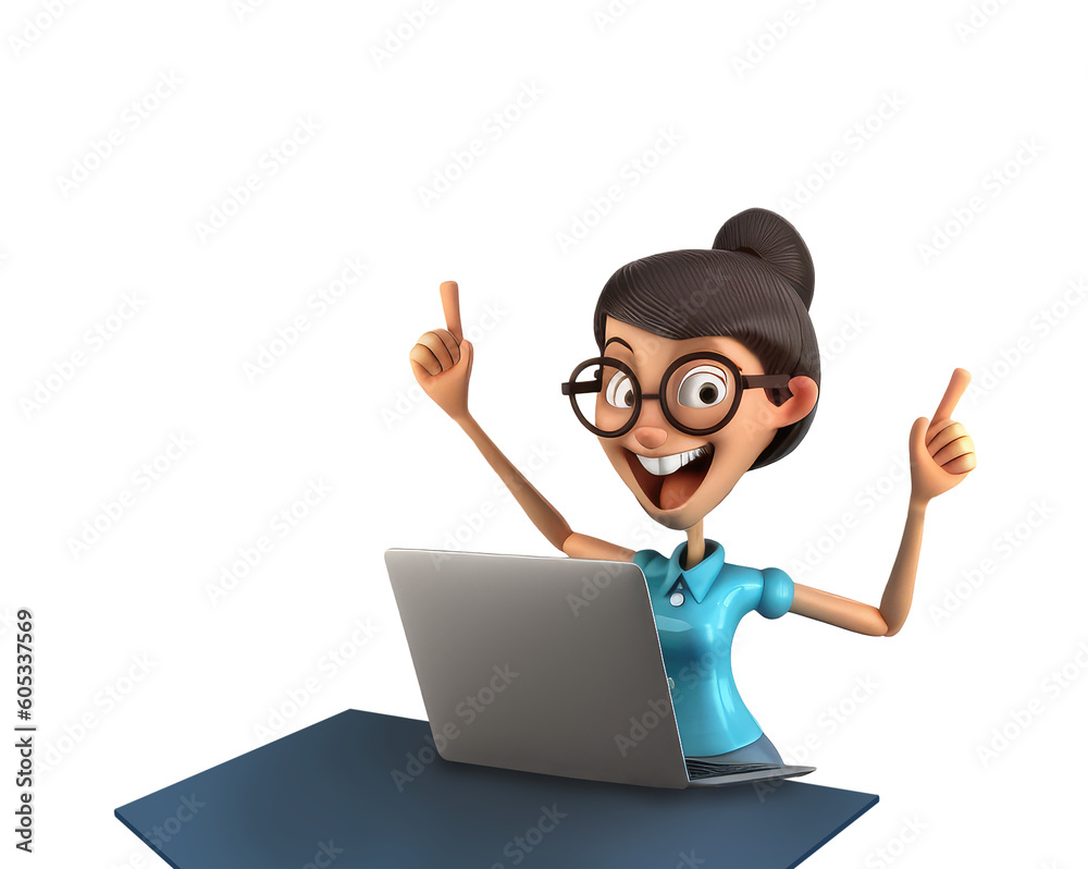 3d icon happy young cartoon woman sitting at her workplace threw up her ...