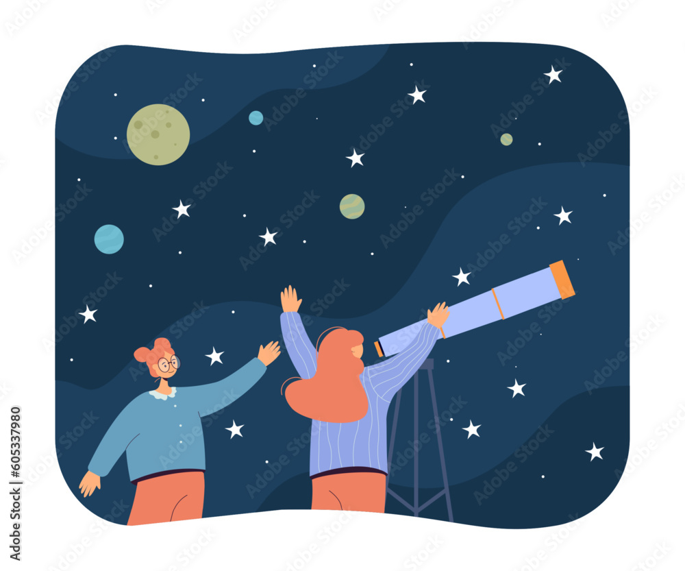 Happy girls stargazing vector illustration. Friends studying stars with ...