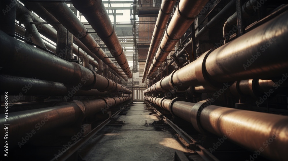 The industrial perspective showcases an oil refinery in an industry ...