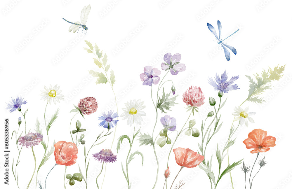 Watercolor Border with multicolor Wildflowers. Summer Illustration ...