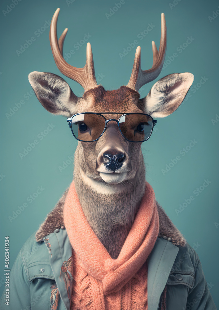 Deer in clothes, in suit, fashion and stylish retro style portrait ...