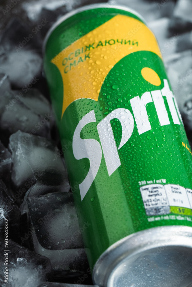 KYIV, UKRAINE - May 09: Close up shot of classic Sprite can in the pile ...