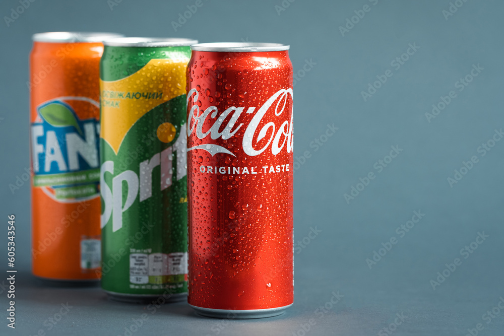 KYIV, UKRAINE - May 09: Close up shot of classic Coca-Cola, Sprite and ...