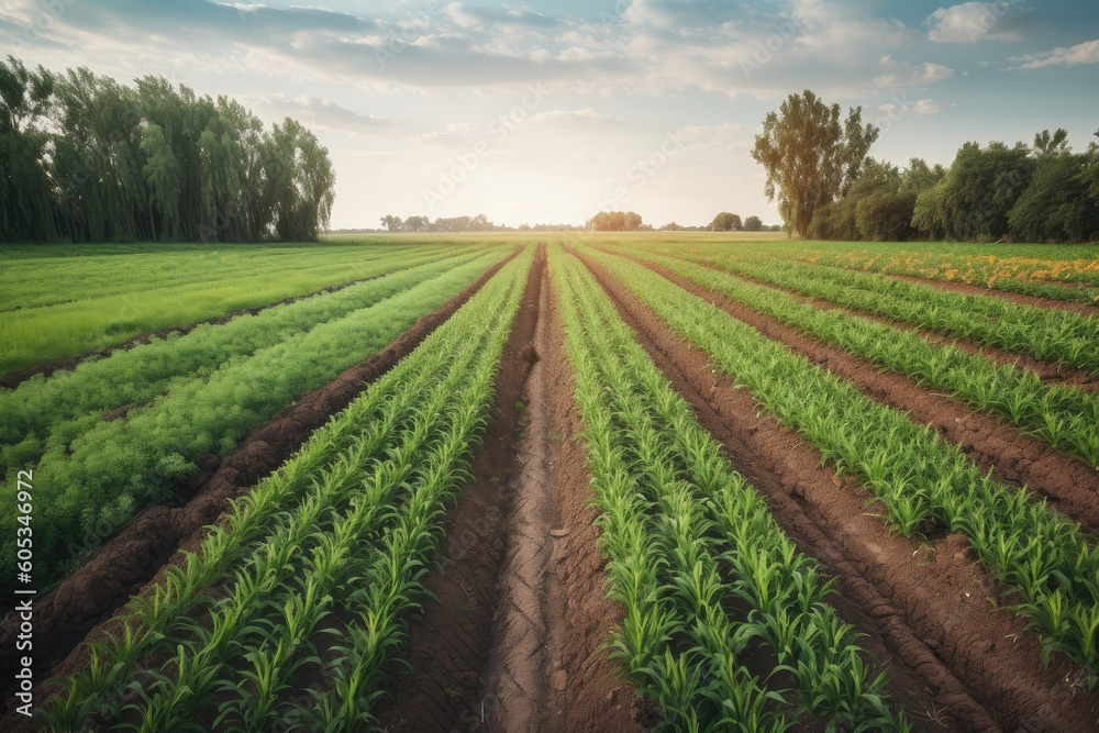 genetically modified crop field, with rows of crops in various stages ...
