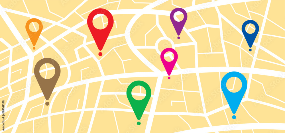 Cartoon map with pin pointers icon. Navigation or navigator, maps, road ...