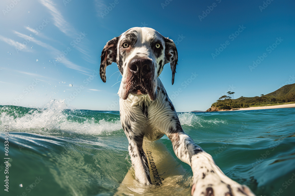 Image of a Great Dane breed dog surfing big waves on a surfboard at the ...