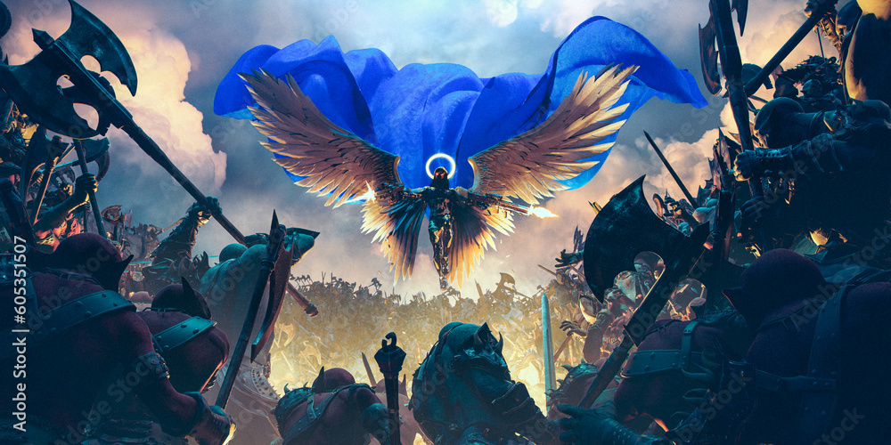 Angelic demon flying and fighting over a horde of orcs with a blue cape ...