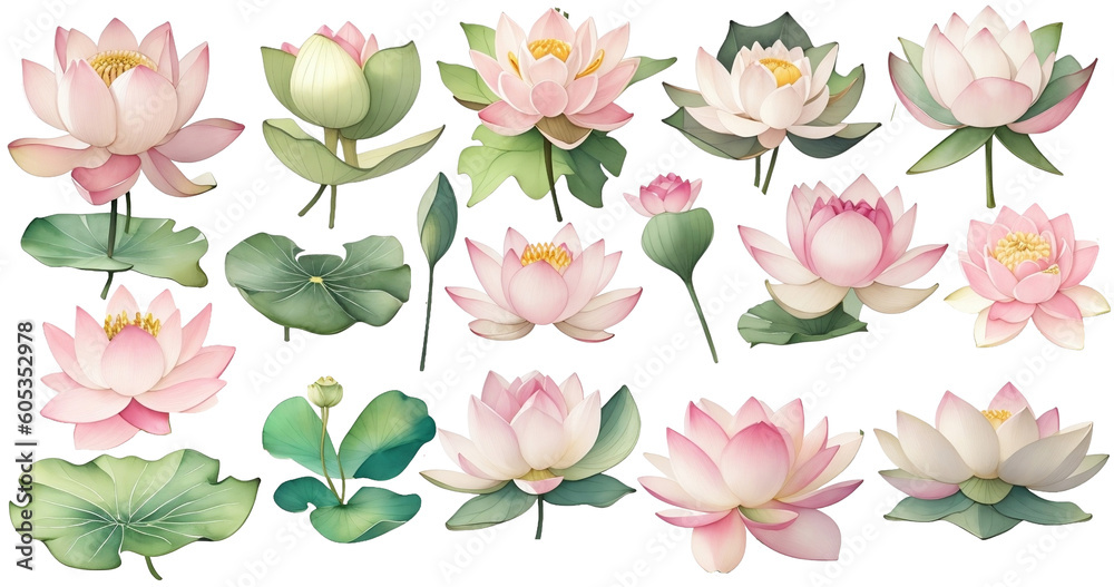 set of watercolor lotus flowers clip art vintage style Stock ...