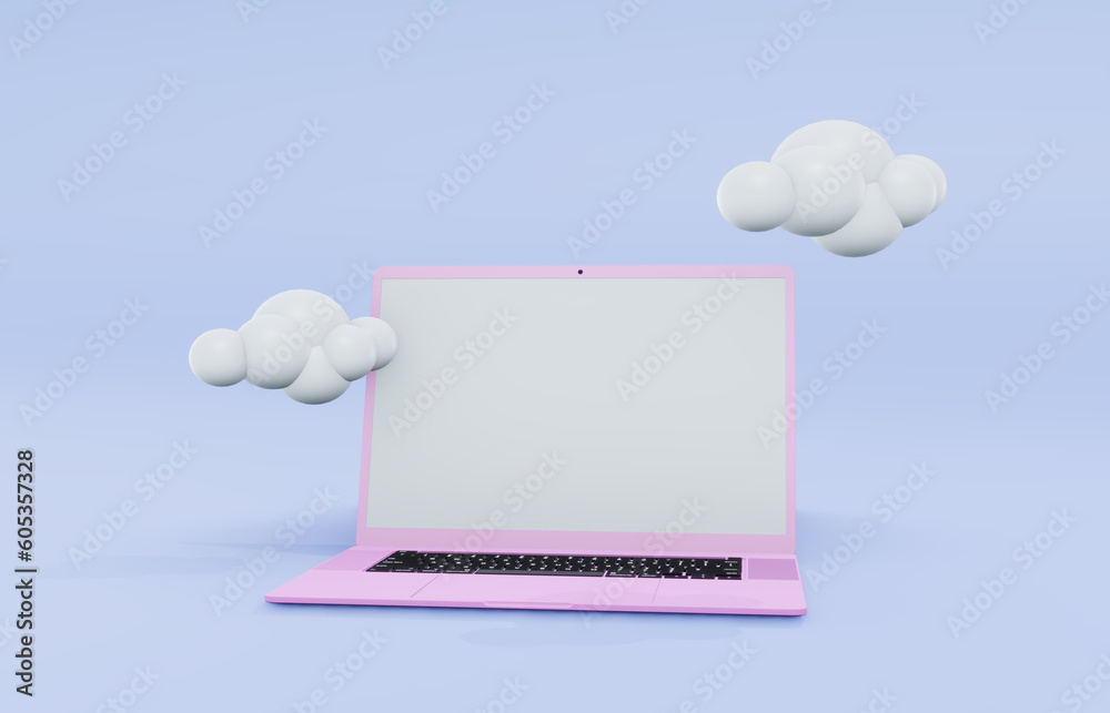 Pink cartoon animated 3D laptop illustration on a light purple ...