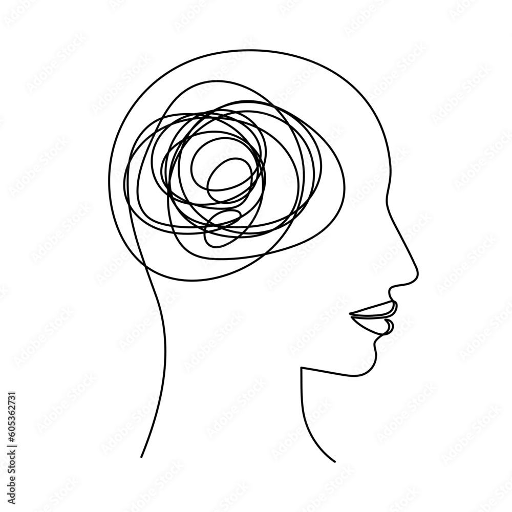 Head with confused thoughts one line art, hand drawn continuous contour ...