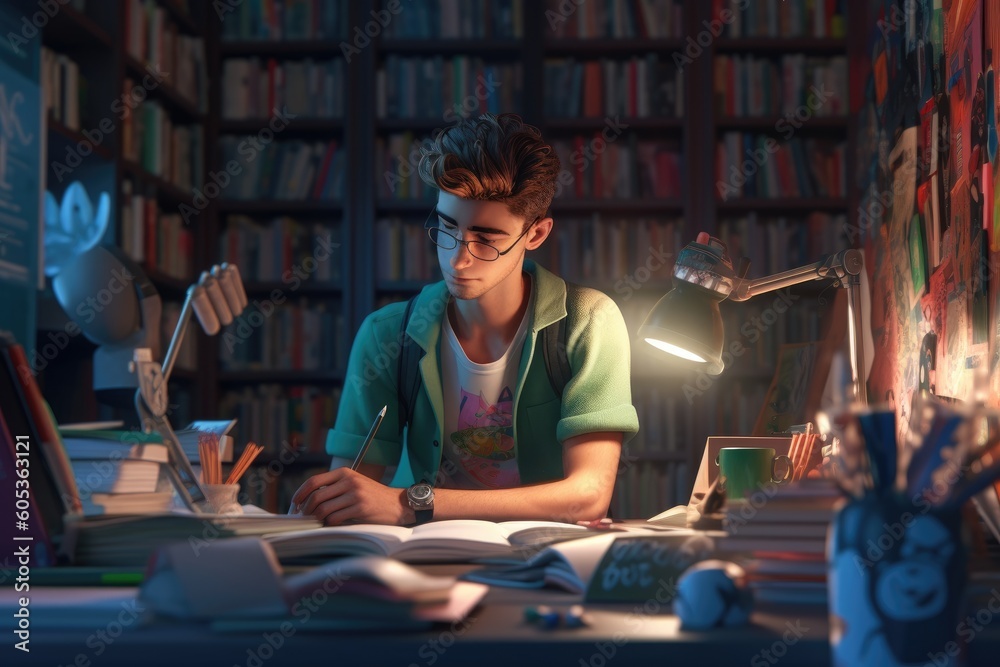student reading inside a library - Illustration created with Generative ...