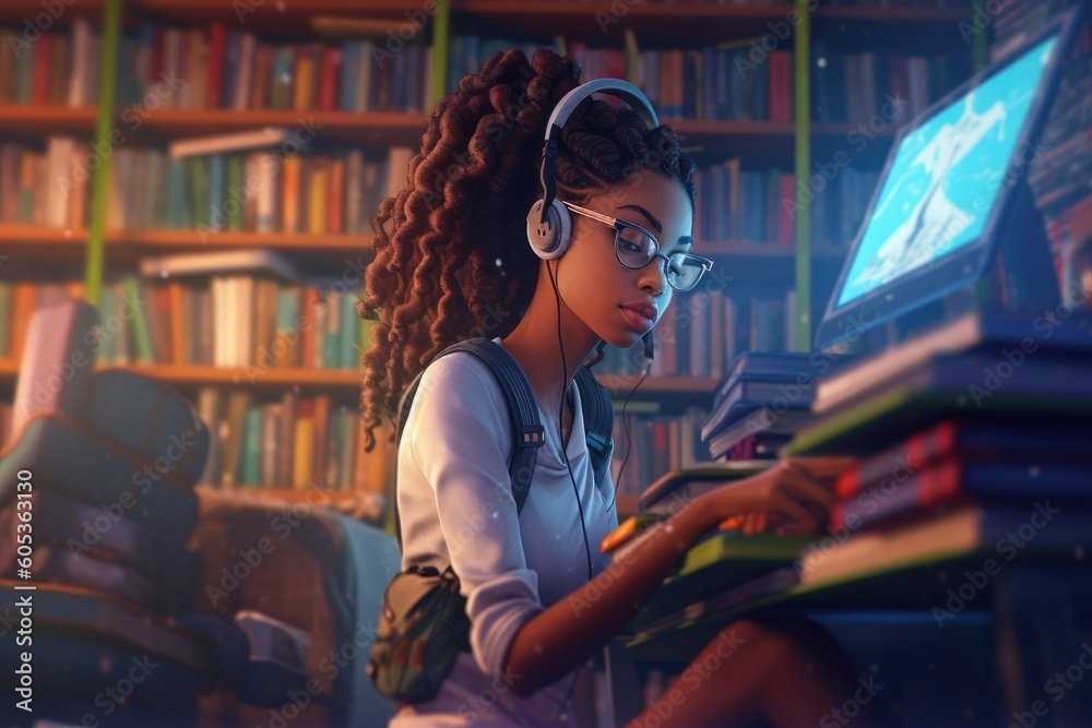 student reading inside a library - Illustration created with Generative ...