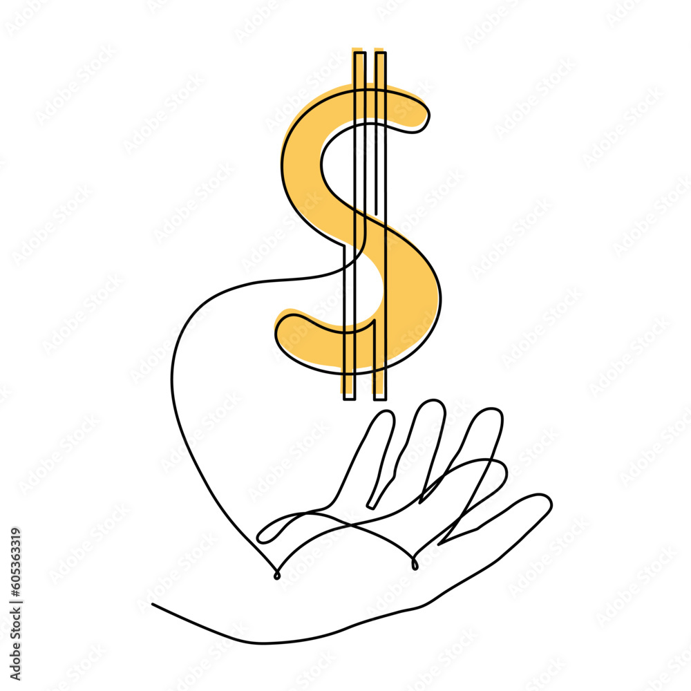 Hand holds dollar sign,one line art,continuous contour drawing, hand ...