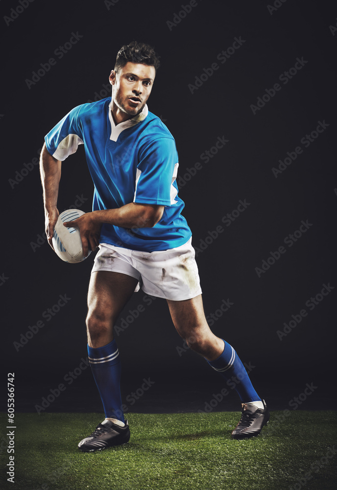 Rugby, passing and man athlete running in dark studio background while ...