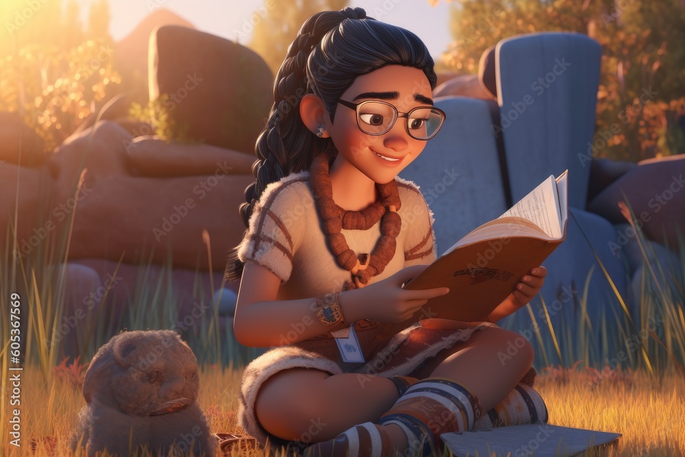 Native american woman reading a book - Illustration Created with ...