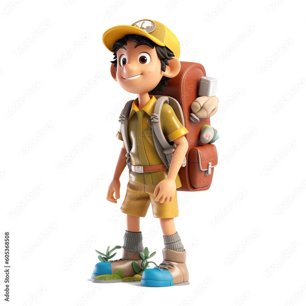 3d cute cartoon backpacker in summer holiday vacation on transparent ...