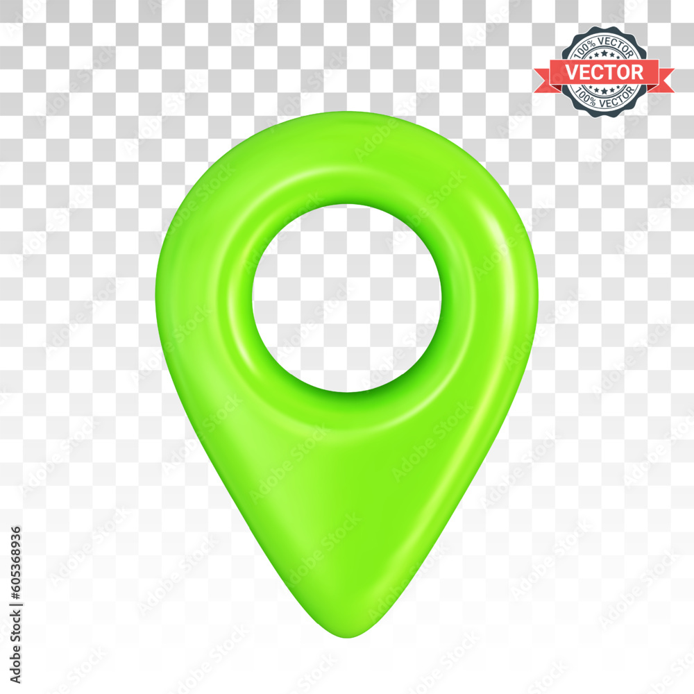 Green map pointer or GPS location icon, front view. Realistic 3D vector ...