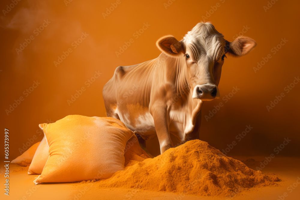 Generative AI illustration of a white and brown domestic cow looking at ...
