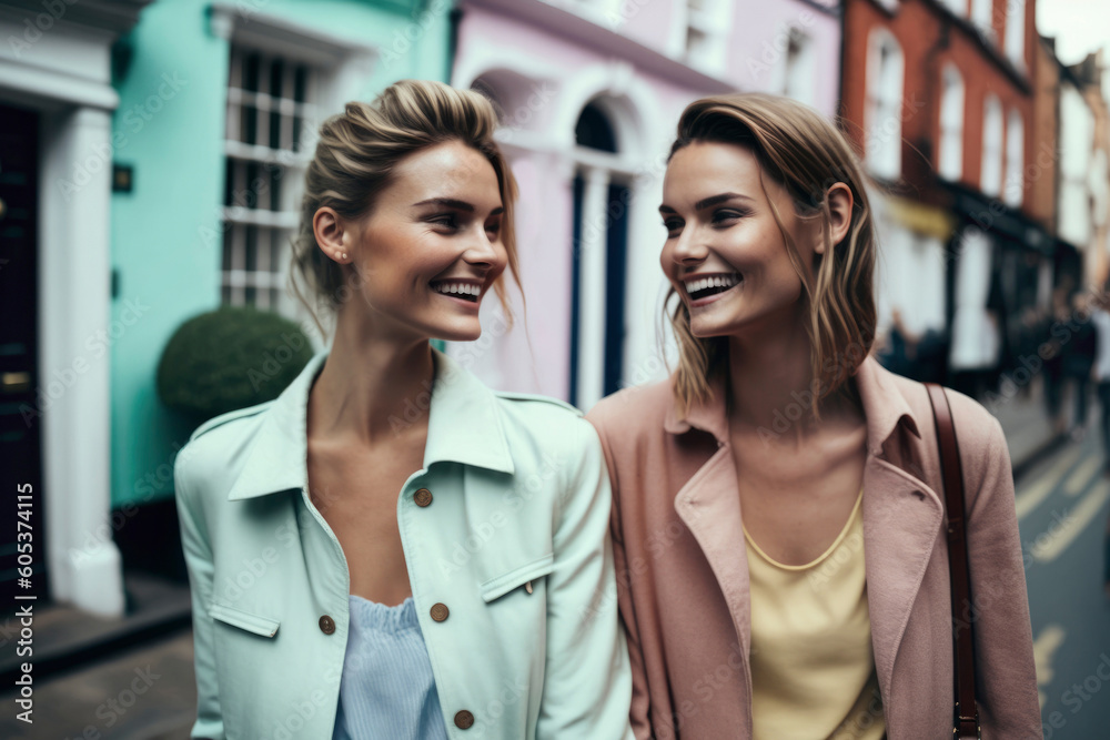 Generative AI image of happy young friends smiling and looking at each ...