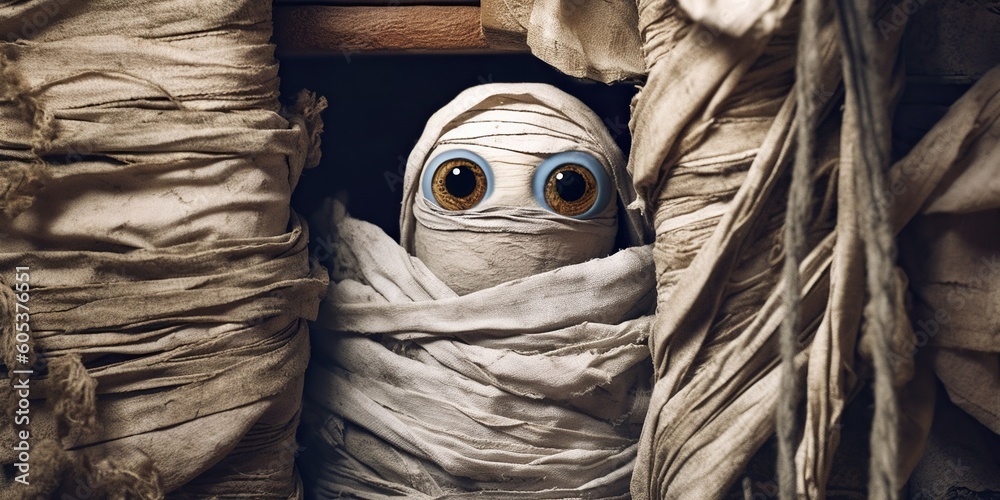 Surprised mummy peeks out from around the corner, concept of Unexpected ...
