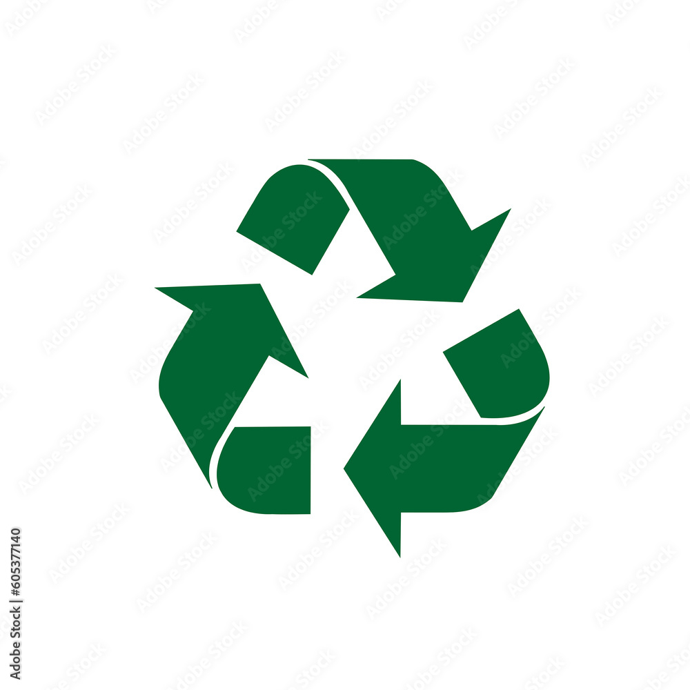 Signo de reciclaje verde sobre un fondo blanco liso y aislado. Vista de ...