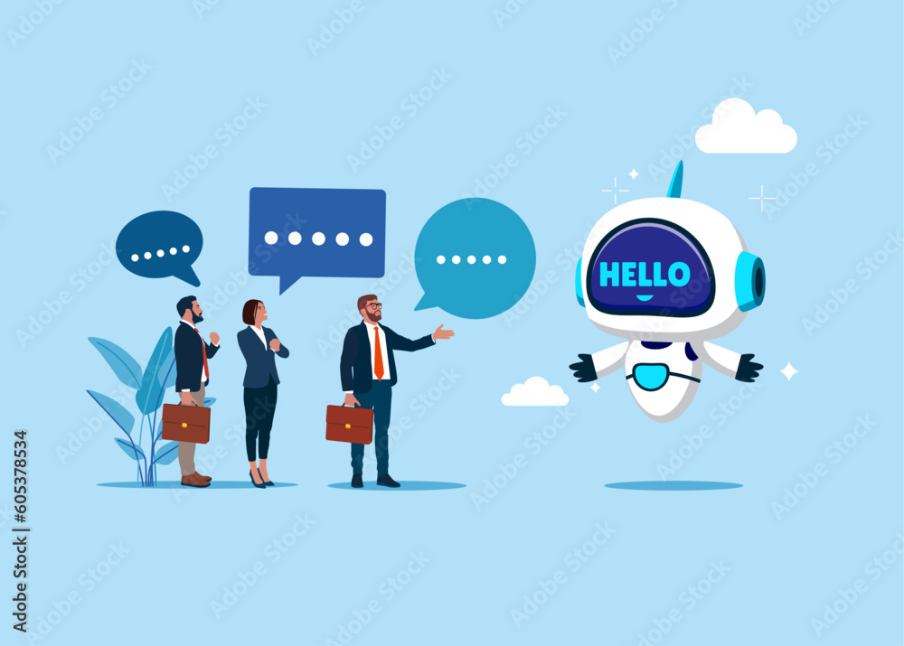 Business people chatting with robot, asking questions and receiving ...