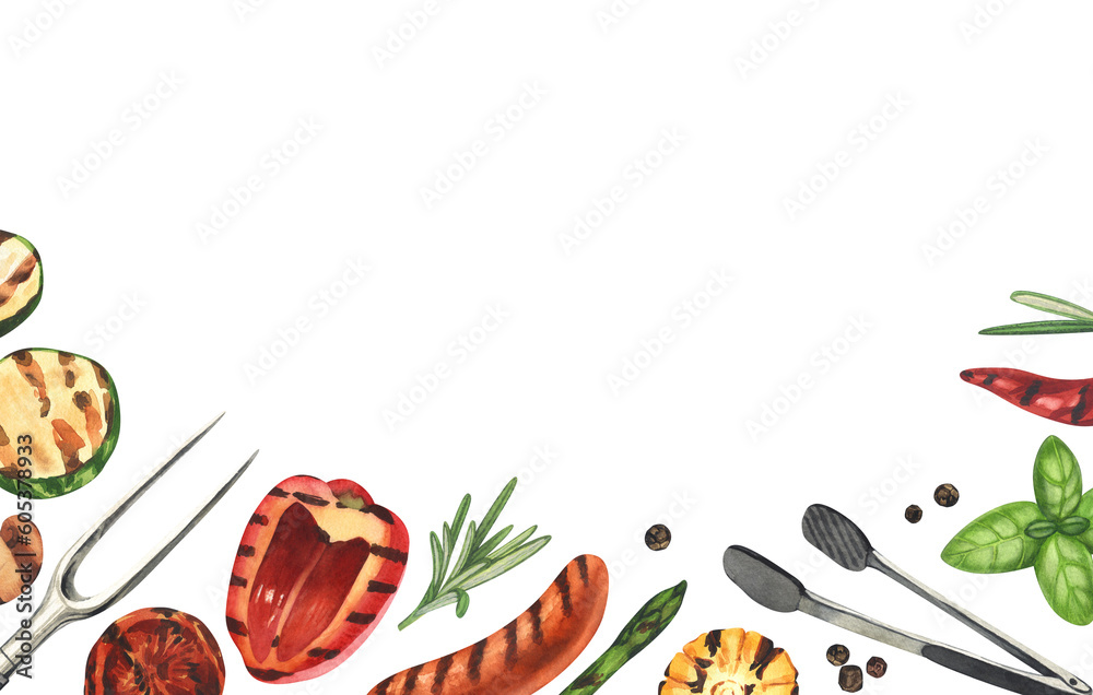 Watercolor frame barbecue. Elements for cooking bbq - grill, chicken ...