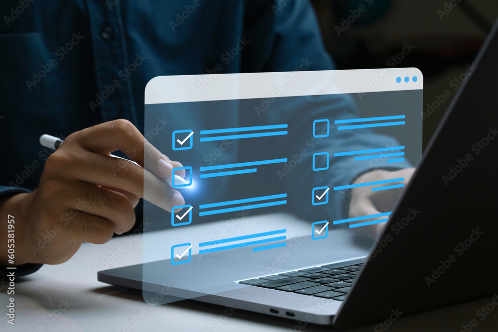 Survey form concept. Businessman using laptops do online checklist ...