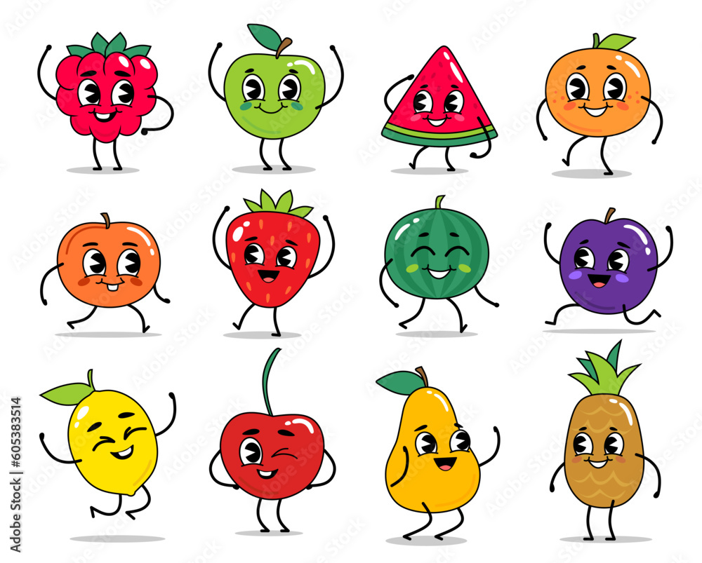 Set of cute fruit and berry characters with kawaii faces isolated on ...