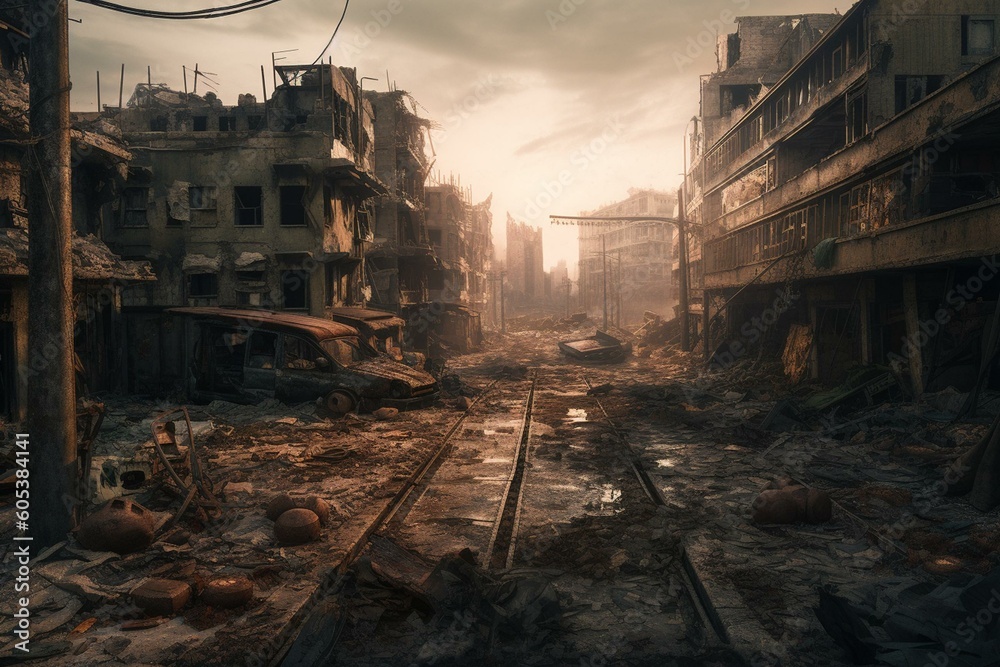 An artwork of a ruined city after apocalypse with collapsed buildings ...