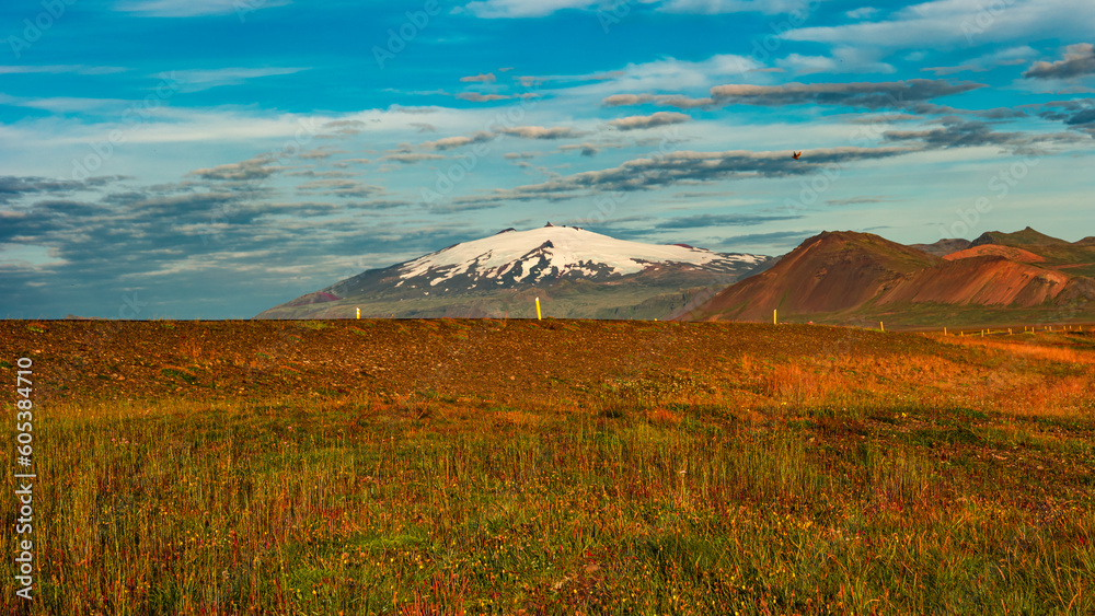 Snaefellsjokull volcano peak covered with snow cap. Panoramic over ...
