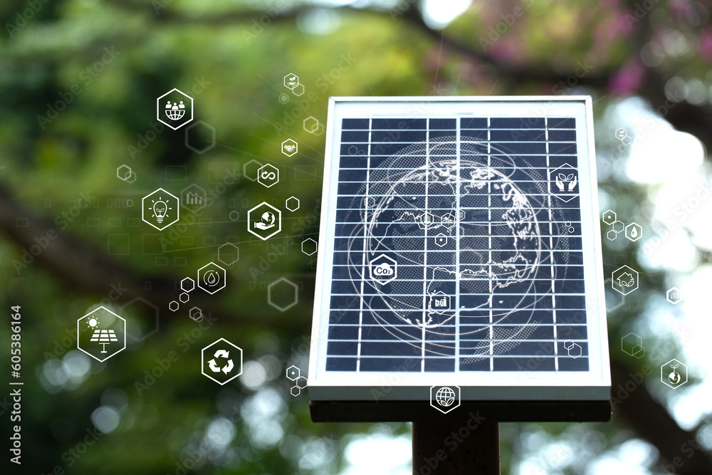 Solar cells with energy icons.Renewable energy technology.Sustainable ...