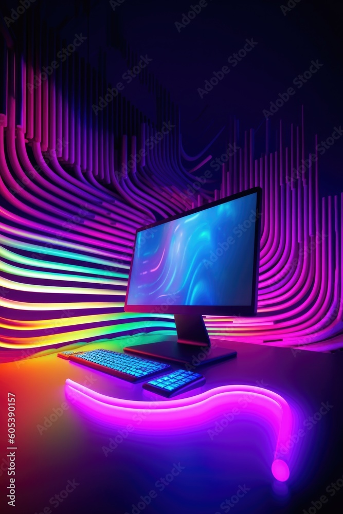 Neon colored futuristic working or gaming room full of colors. Lap top ...