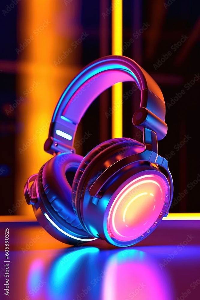 Headphones on glowing background. Neon colored futuristic working or ...