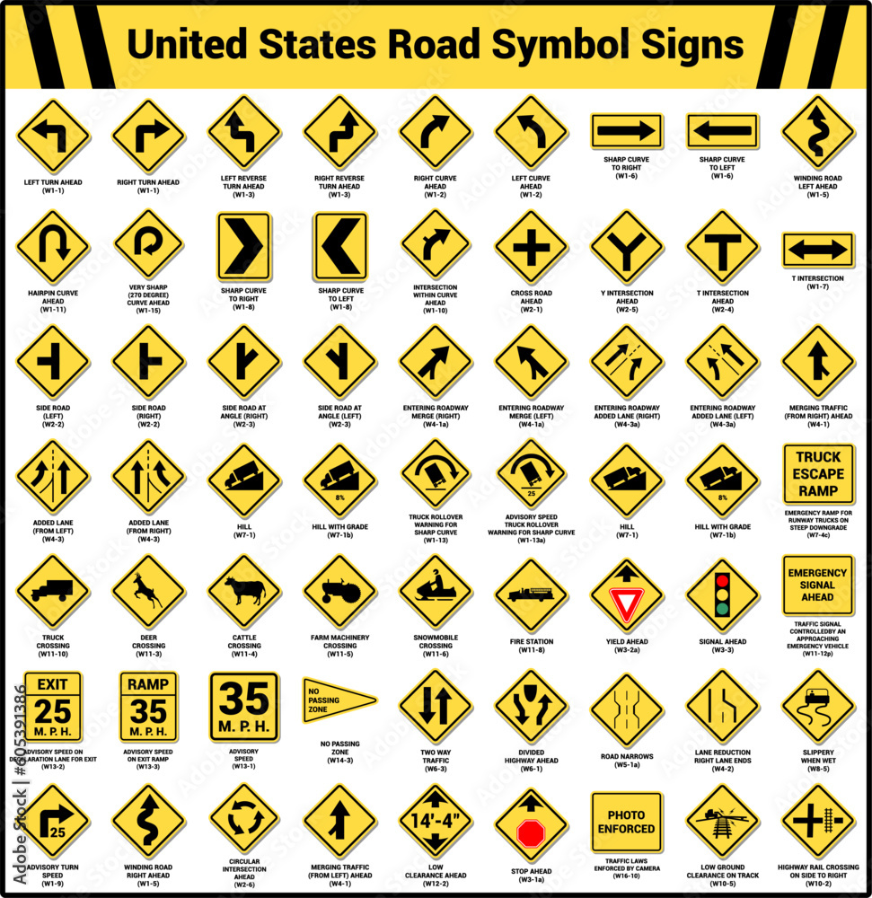 set of warning sign united states traffic road symbol signs collection ...